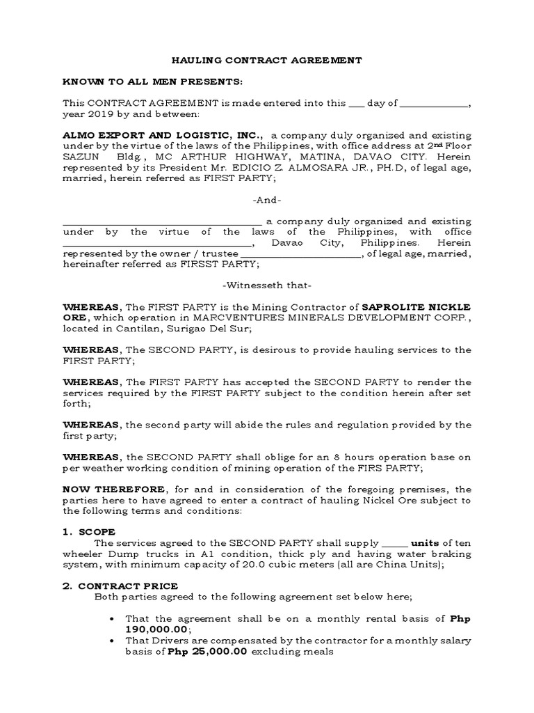 Mining Hauling Agreement | PDF | Employment | Justice