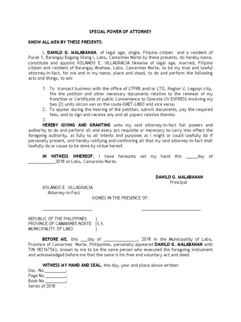 SPA for LTFRB Franchise Renewal | PDF | Power Of Attorney | Public Law