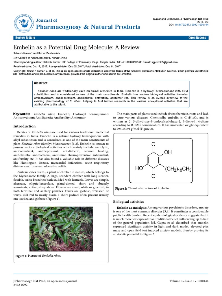 Embelin As A Potential Drug Molecule A Review 2472 0992 1000144 | PDF ...