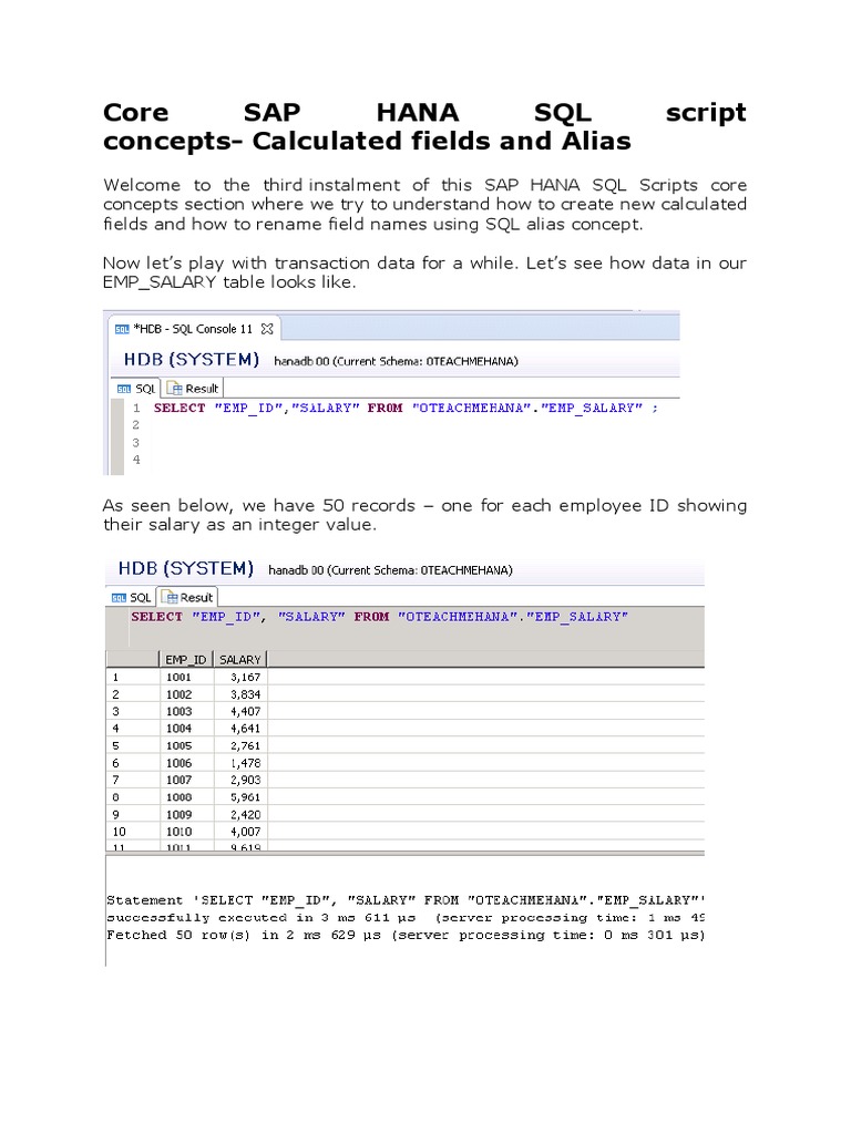 Core SAP Hana SQL Script Concepts-Calculated Fields and Alias | PDF | Summation | Software ...