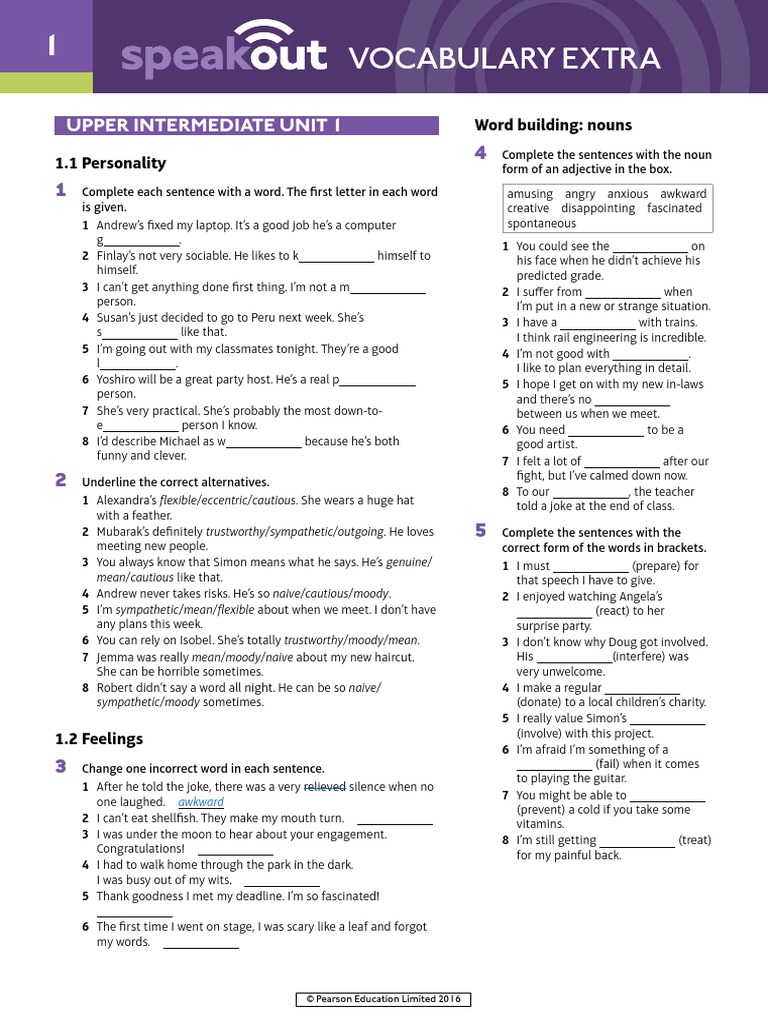 Vocabulary Extra Vocabulary Extra: Upper Intermediate Unit 1 | PDF | Feeling