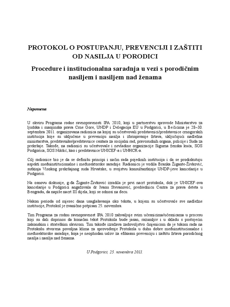Protokol o Postupanju, Prevenciji I Zaštiti Od Nasilja U Porodici | PDF