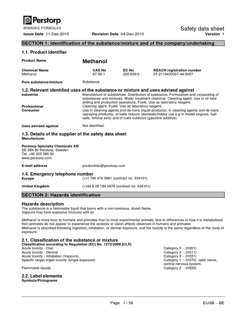 Methanol Safety Data Sheet (MSDS) | PDF | Toxicity | Dangerous Goods