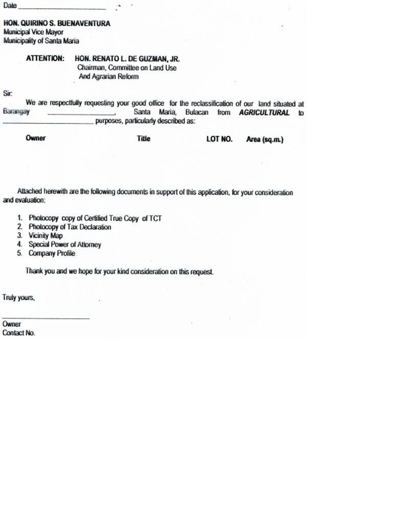 Format Letter For Land Use Reclassification Municipality of Santa Maria ... Format Letter For Land Use Reclassification Municipality of Santa Maria ...