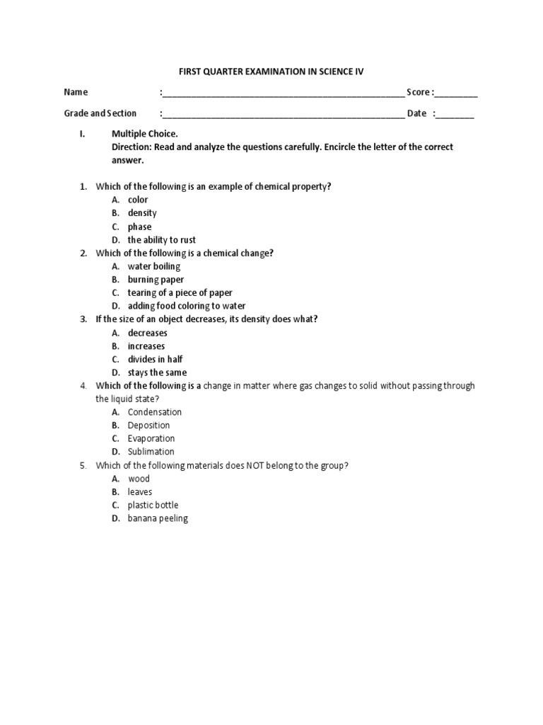 Grade 4 Science Exam: First Quarter | PDF | Essays | Multiple Choice
