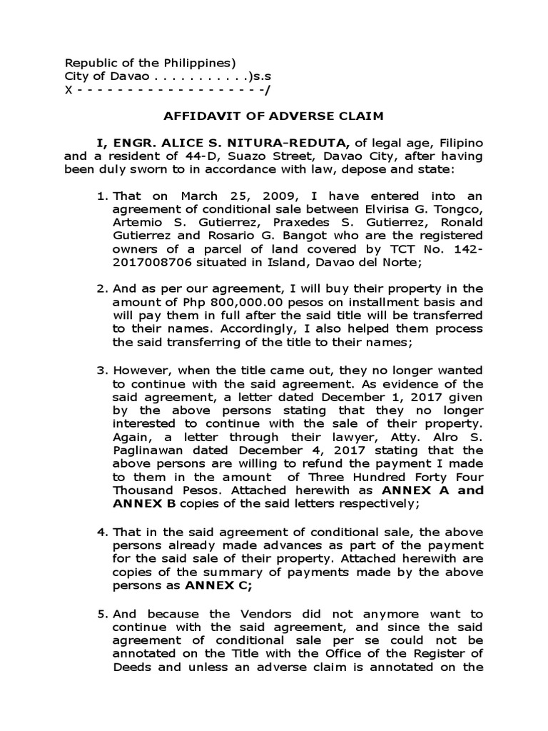 Affidavit Of Adverse Claim I, ENGR. ALICE S. NITURA-REDUTA, of legal ...