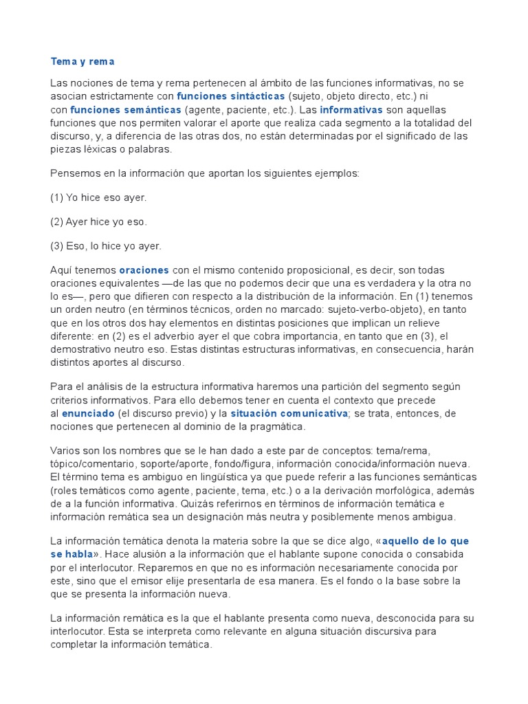 Tema y Rema: Definición y Ejemplos | PDF | Oración (Lingüística ...