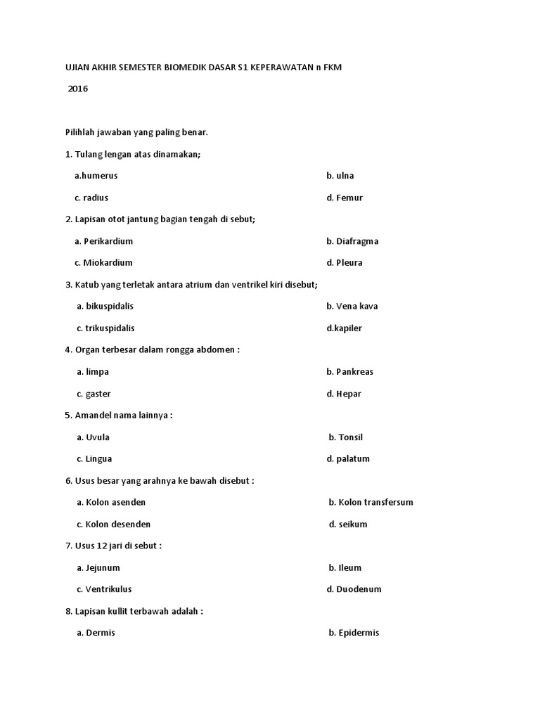Soal UAS BIOMEDIK 2016 SMT 1 PERAWAT UBI | PDF
