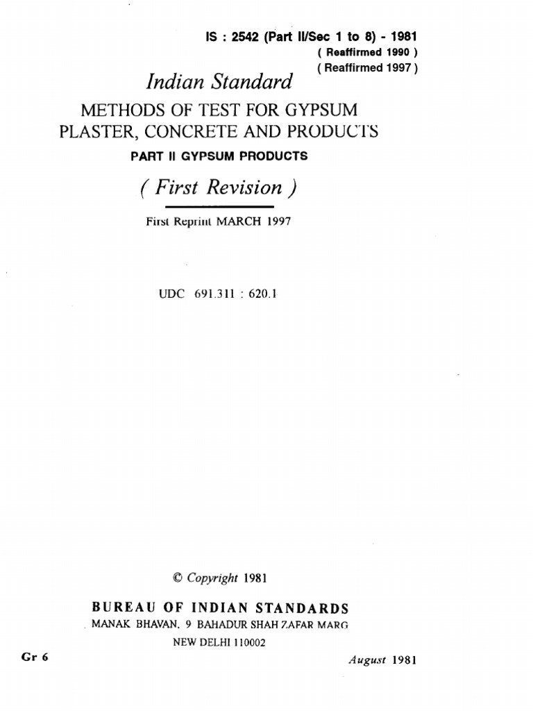 IS 2542 - 1978 (Part-2-Sec1 of 12) Method of Test For Gypsum Plaster ...
