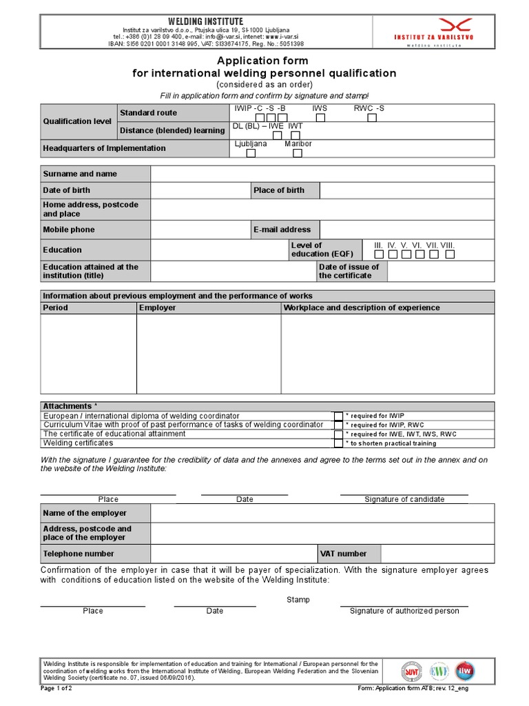 Application Form For International Welding Personnel Qualification ...
