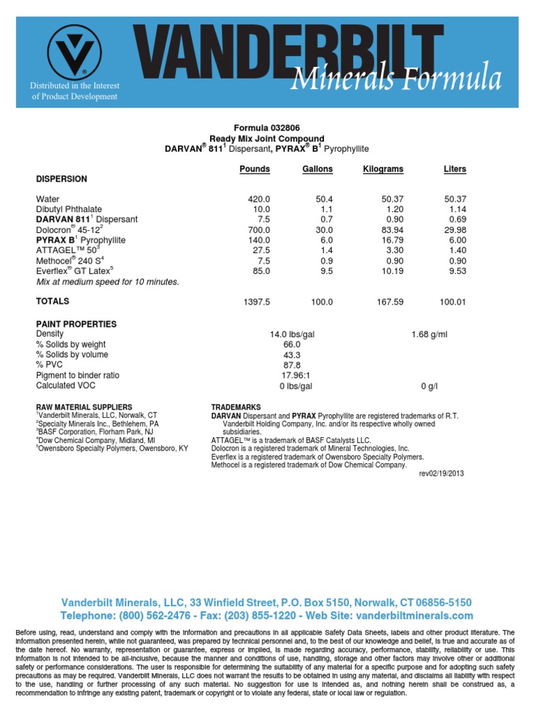 Vanderbilt - Ready Mix Joint Compound Formulation | PDF | Business | Nature