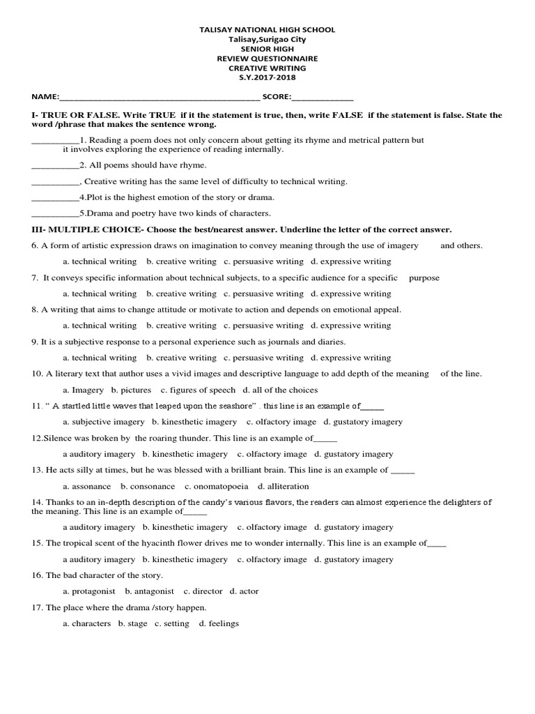Creative Writing Review Questionnaire | PDF | Poetry | Narration