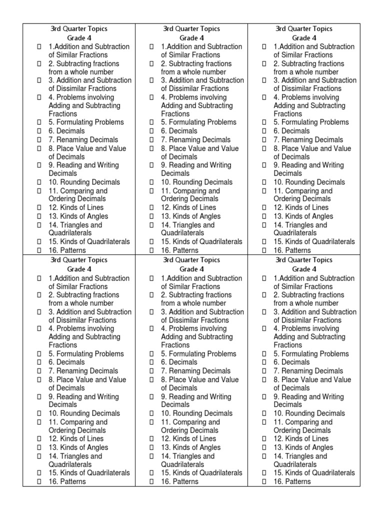3rd Quarter Topics Grade 4 | PDF | Fraction (Mathematics) | Numbers