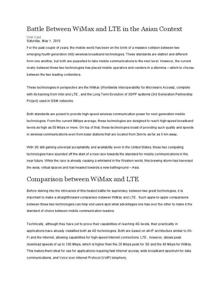 WiMax Vs LTE | PDF | Wi Max | Lte (Telecommunication)