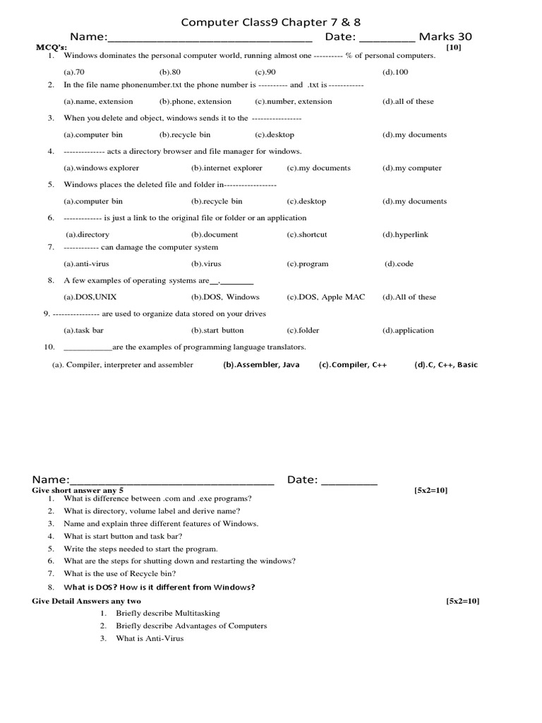 Computer Class 9: Windows Basics Quiz | PDF | Computer File | Data ...