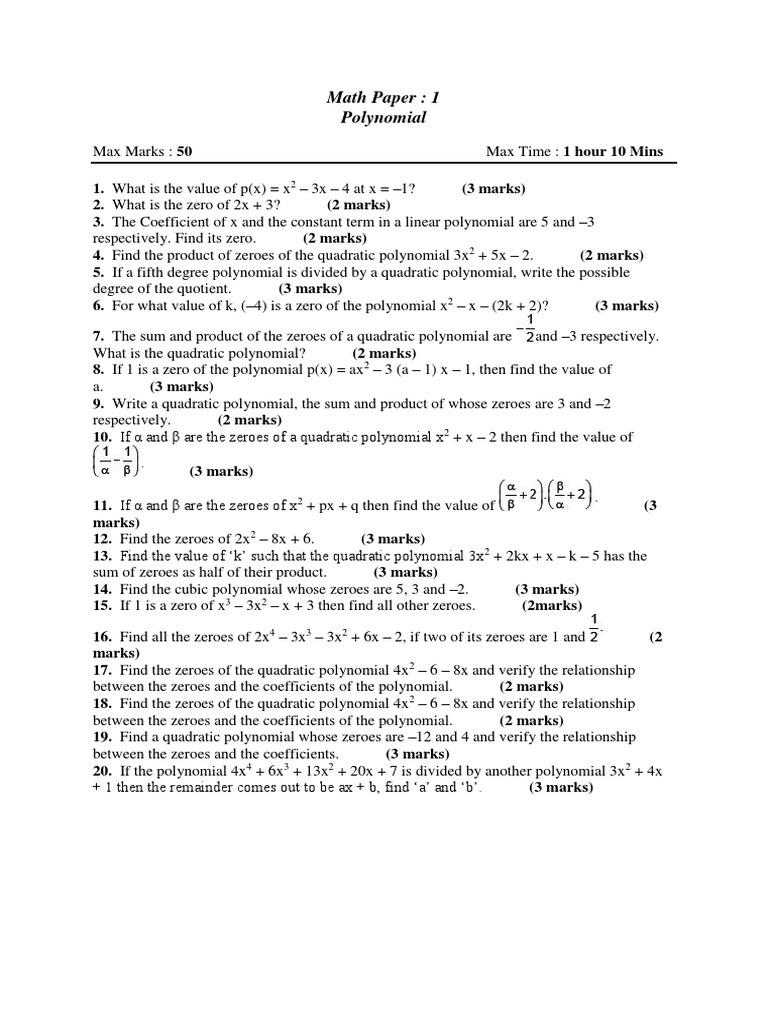 Math Paper: 1 Polynomial | PDF