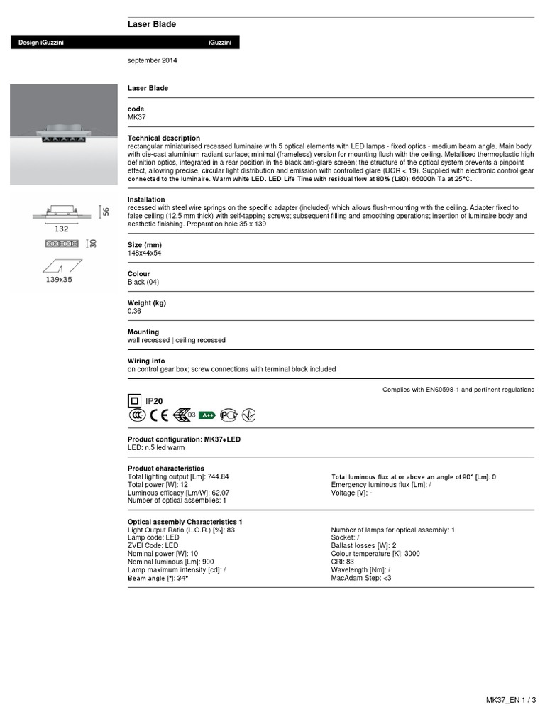 TL1a Laser Blade, IGuzzini | PDF | Optics | Incandescent Light Bulb