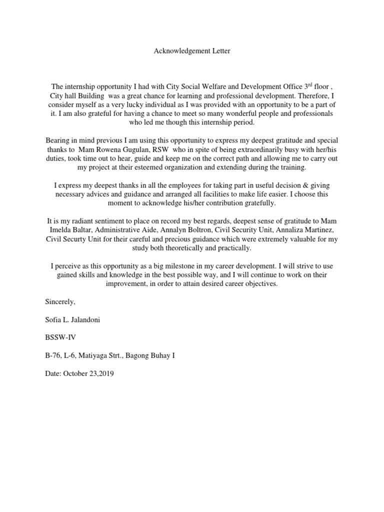 Internship Acknowledgement Letter | PDF | Internship | Job Hunting