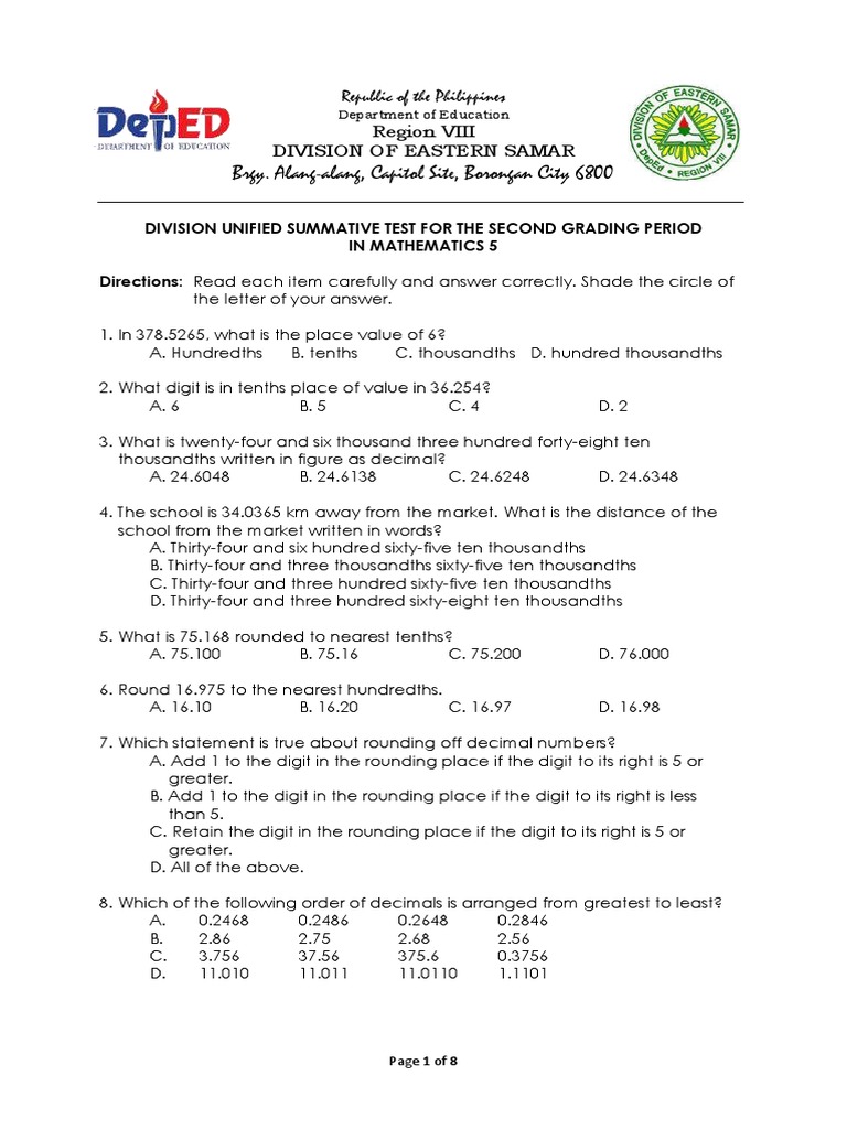 Grade 5 2nd Quarter Math Exam | PDF | Ratio | Kilogram