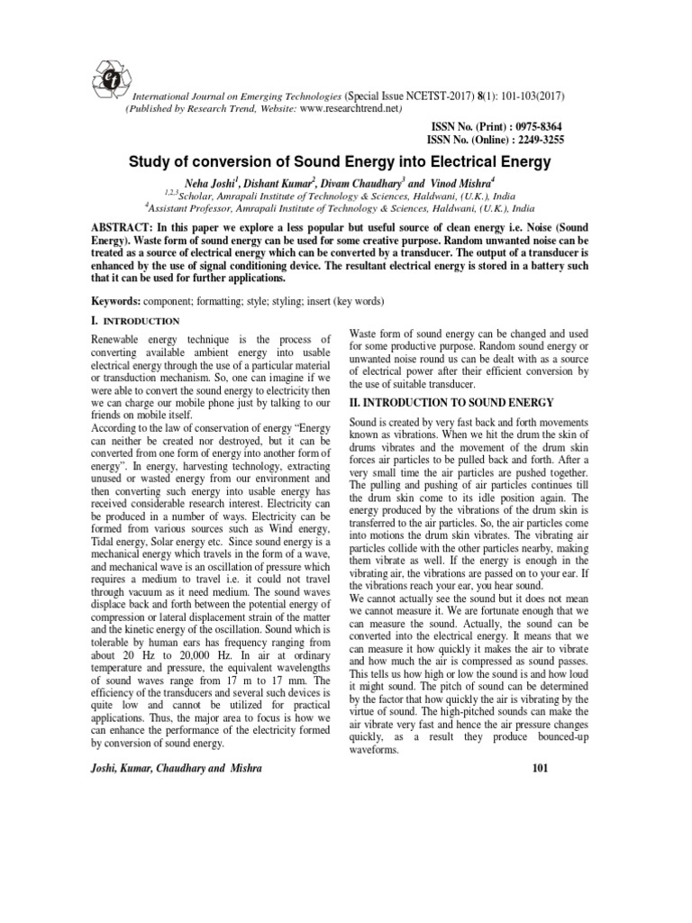 Study of Conversion of Sound Energy Into Electrical Energy | PDF ...
