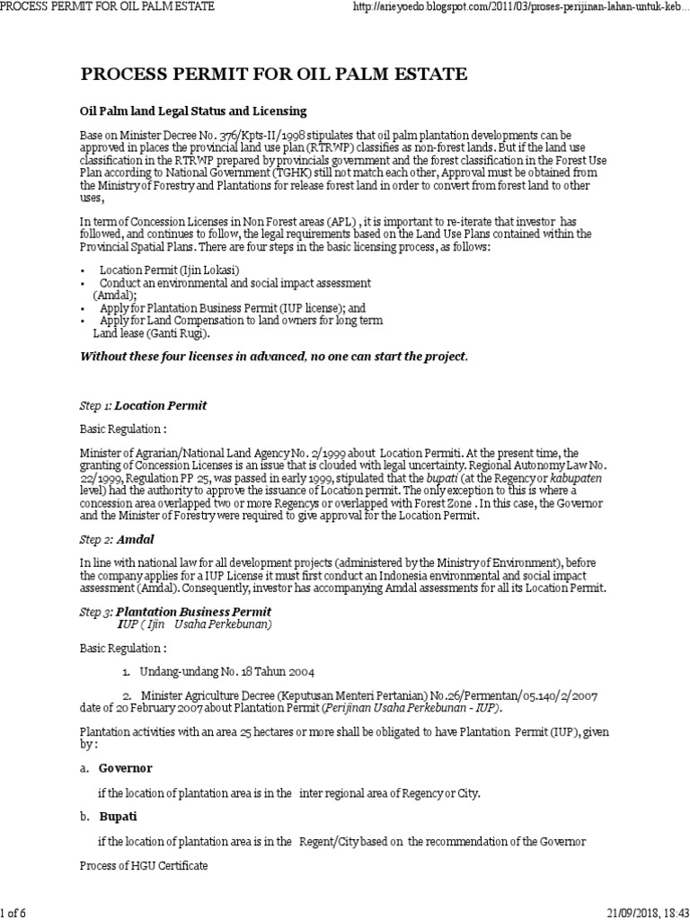 Process Permit For Oil Palm Estate | PDF | Plantation | License