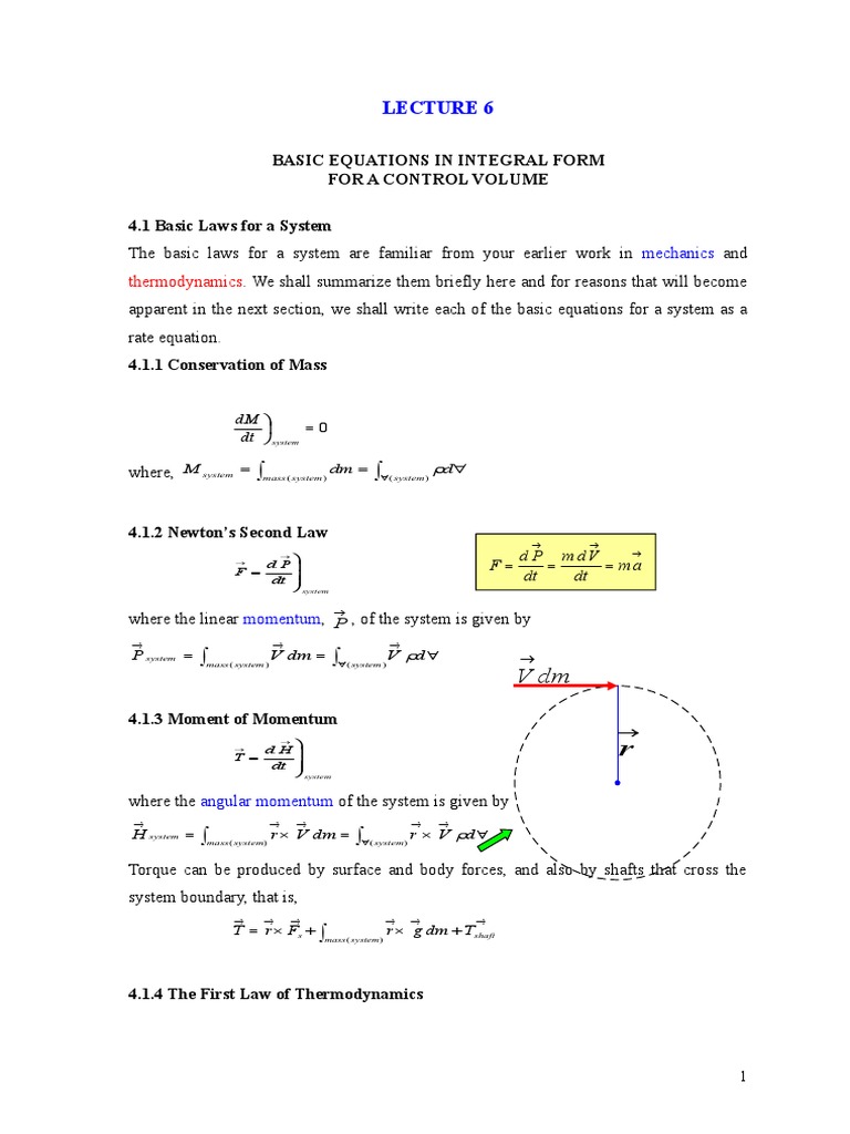 Basic Equations in Integral Form For A Control Volume 4.1 Basic Laws For A System | PDF ...