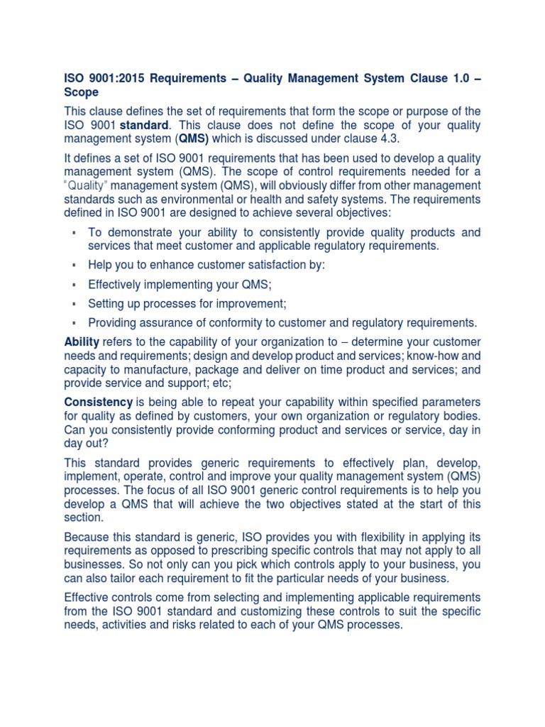 ISO 9001:2015 Requirements - Quality Management System Clause 1.0 ...