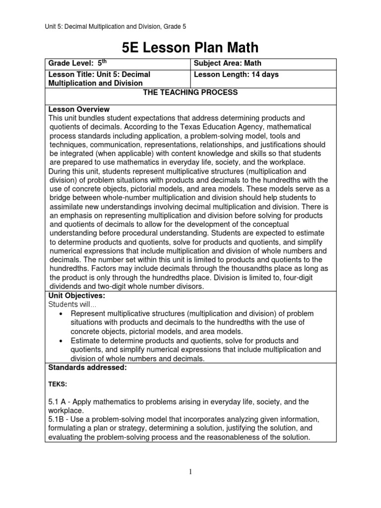 01 Unit 5 Option 1 Lesson | PDF | Multiplication | Division (Mathematics)