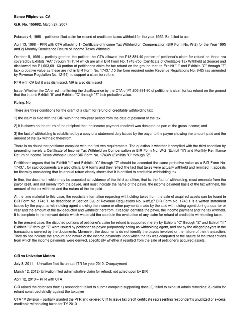Banco Filipino Vs CIR | PDF | Withholding Tax | Tax Refund
