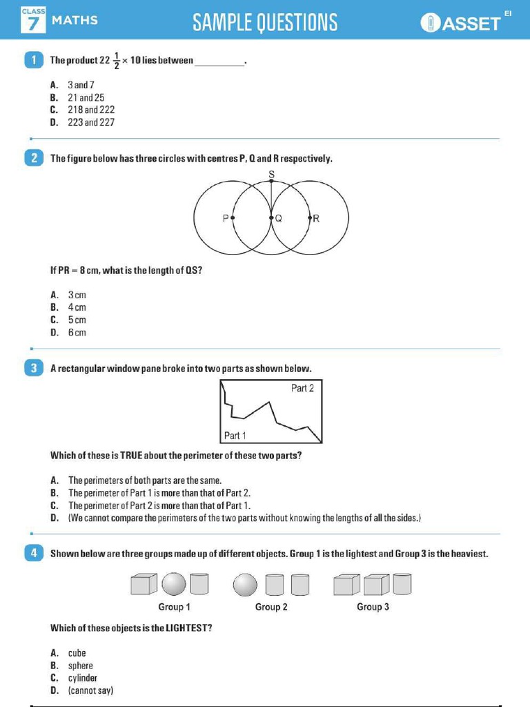 ASSET Math Sample Papers Class 7 | PDF