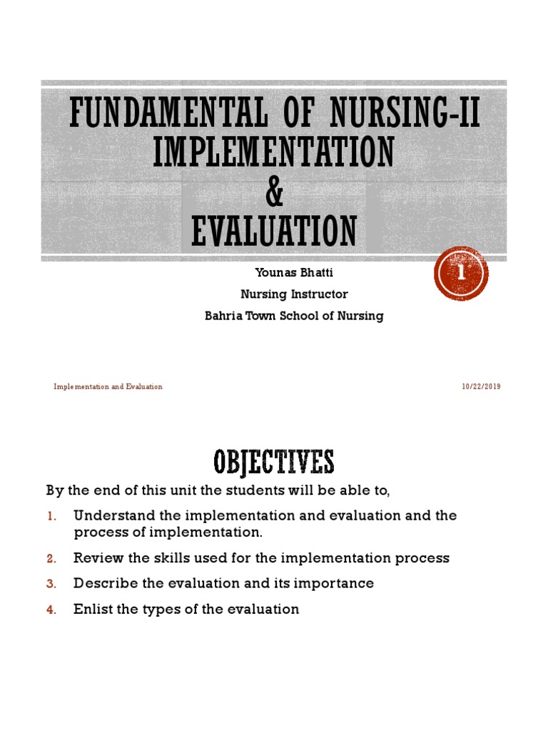 Fundamental of Nursing-Ii Implementation & Evaluation: Younas Bhatti Nursing Instructor Bahria ...