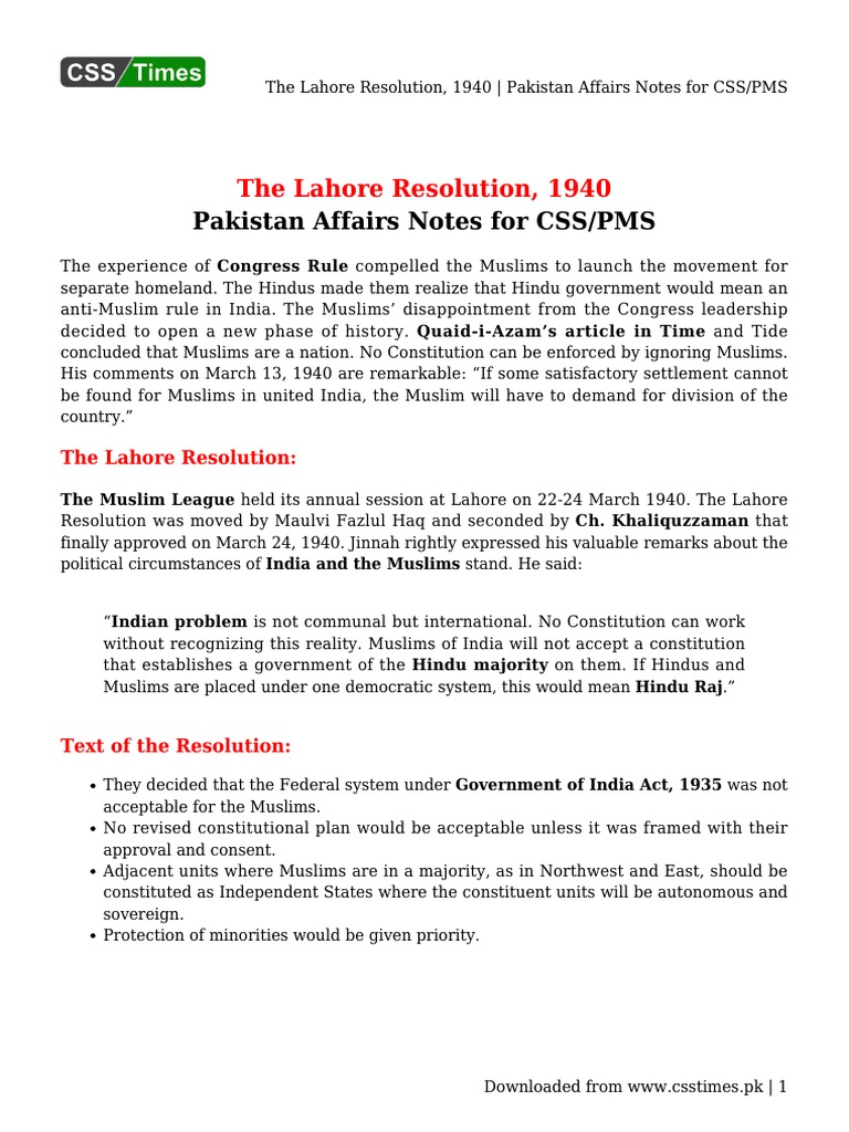 The Lahore Resolution, 1940 - Pakistan Affairs Notes For CSS - PMS ...