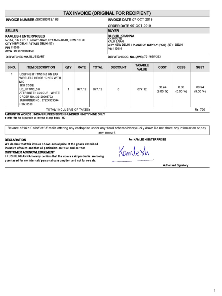 Tax Invoice (Original For Recipient) : 07BEXPK9219M1ZJ Gstin | PDF ...