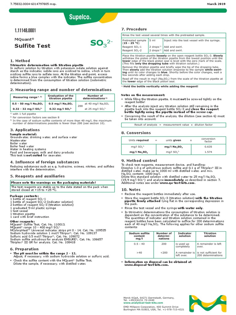 Sulfite Test: Mquant | PDF | Titration | Chemistry