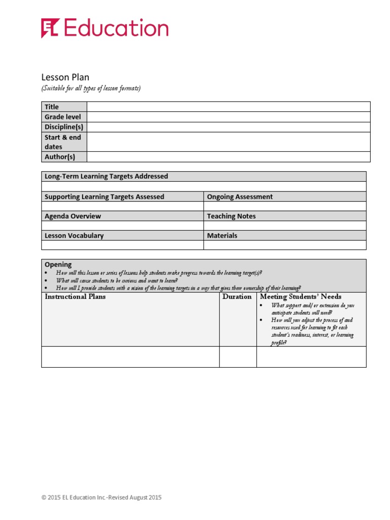 ELED LessonPlanTemplate 0815 | PDF | Lesson Plan | Learning