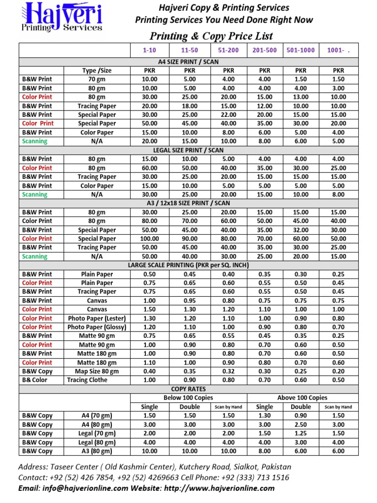 Printing & Copy Price List: Color Print | PDF | Media Technology | Printing