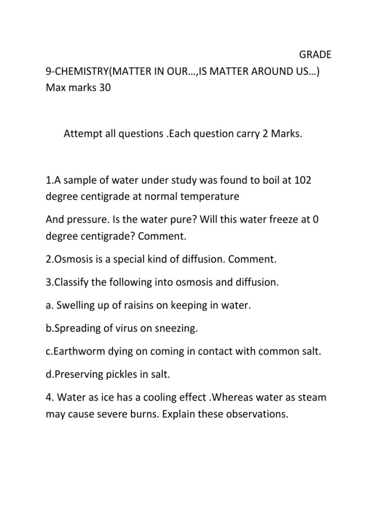 GRADE 9 Chemistry Test Paper | PDF | Distillation | Solution