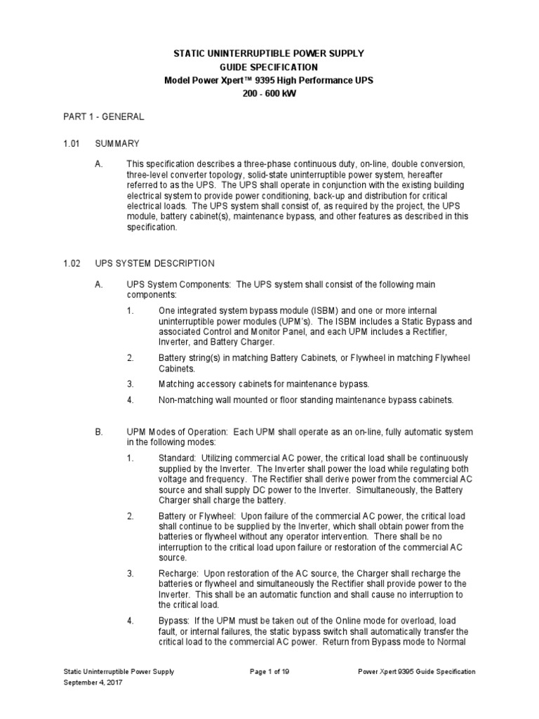 Guide Spec 9395P 200-600kW UPS PDF | PDF | Power Inverter | Battery Charger