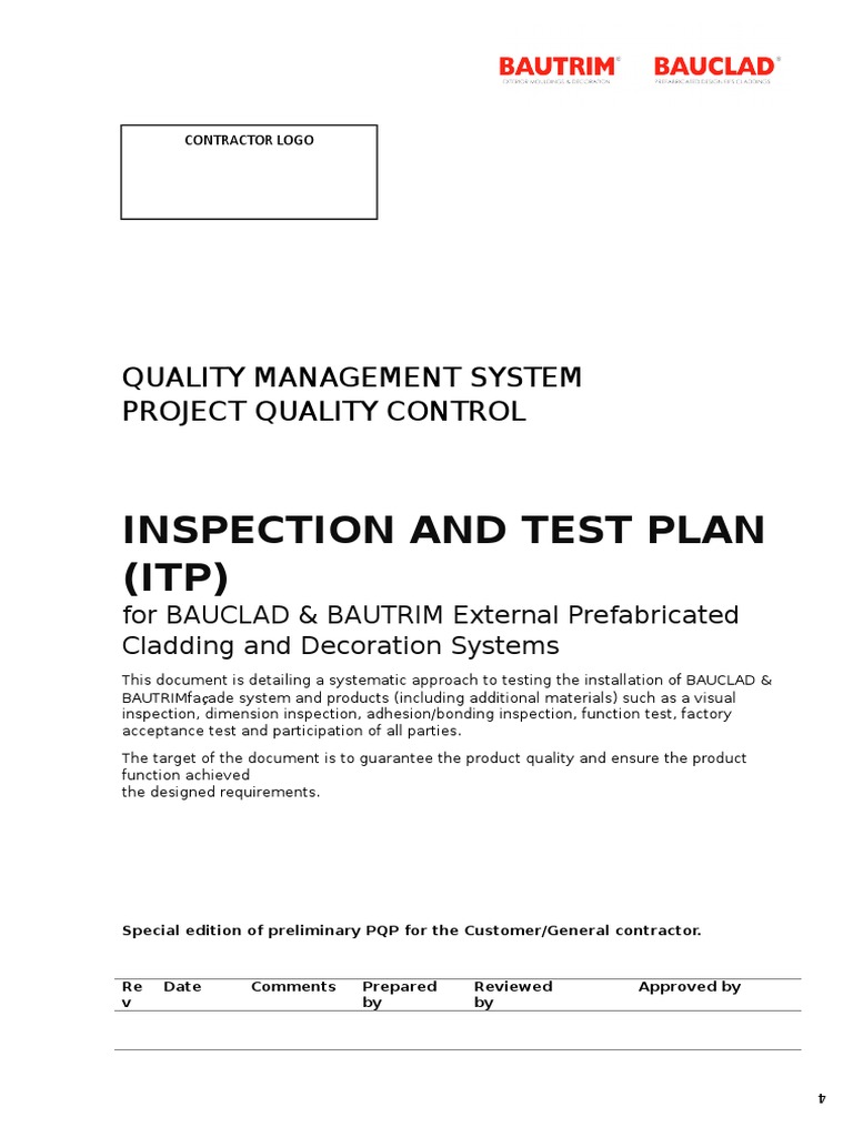 Inspection and Test Plan (Itp) | PDF | Adhesive | Specification ...