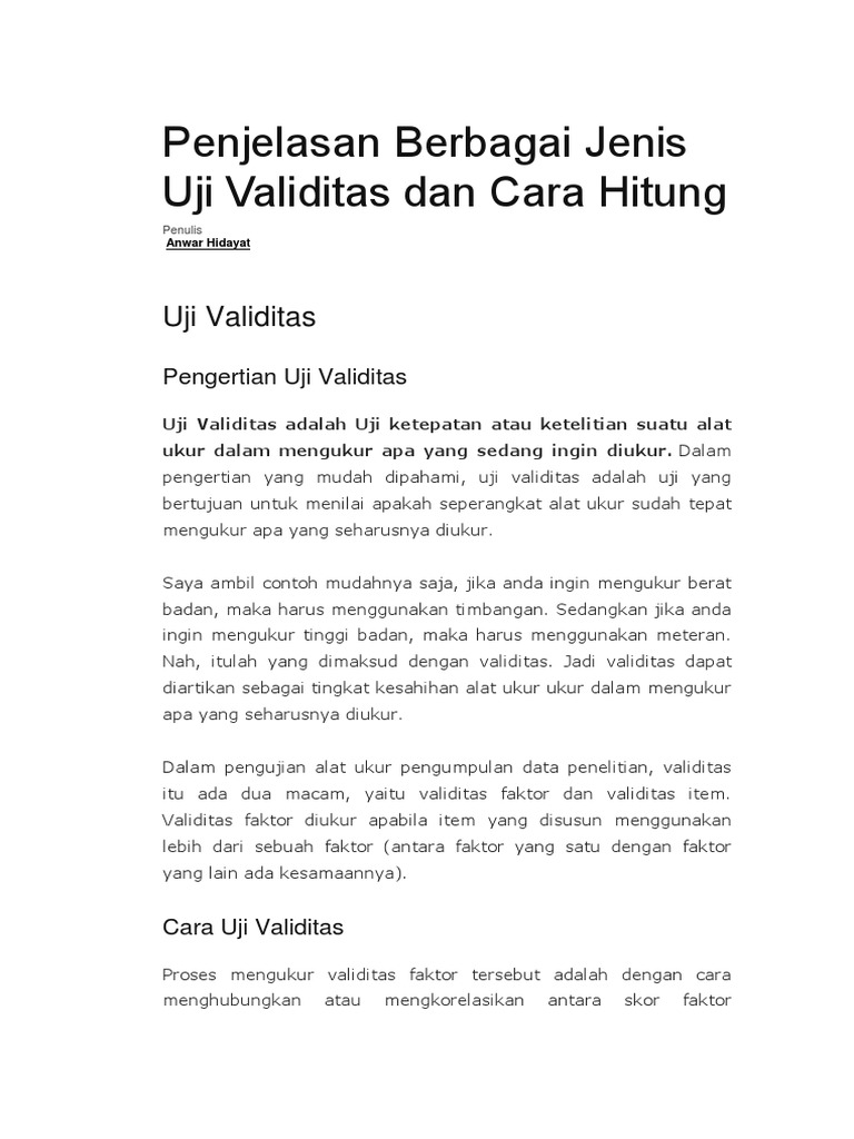 Penjelasan Berbagai Jenis Uji Validitas Dan Cara Hitung | PDF