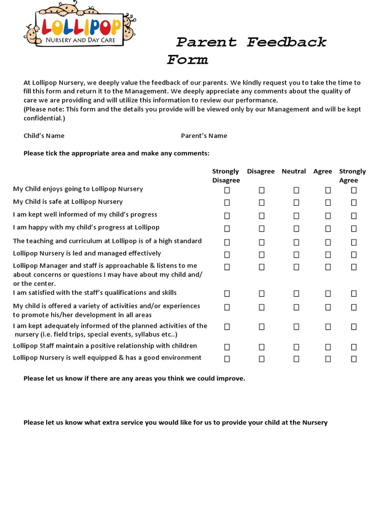 Evaluating Parent Satisfaction: A Feedback Form for Lollipop Nursery ...