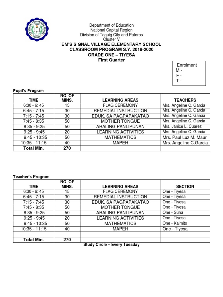 Grade 1 Classroom Schedule 2019-2020 | PDF
