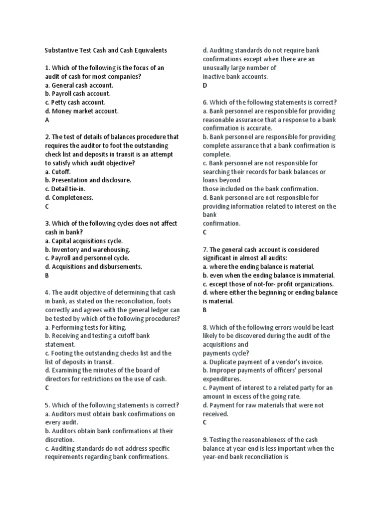 Substantive Test Cash and Cash Equivalents Quiz | PDF | Audit | Banks