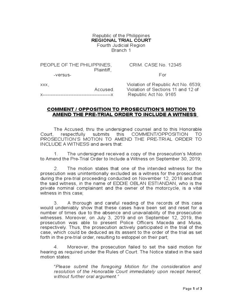 Opposition to the Prosecution's Motion to Amend the Pre-Trial Order to ...