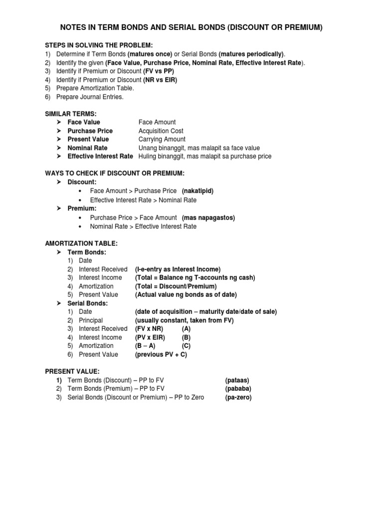 Notes in Term Bonds and Serial Bonds (Discount or Premium) | PDF ...