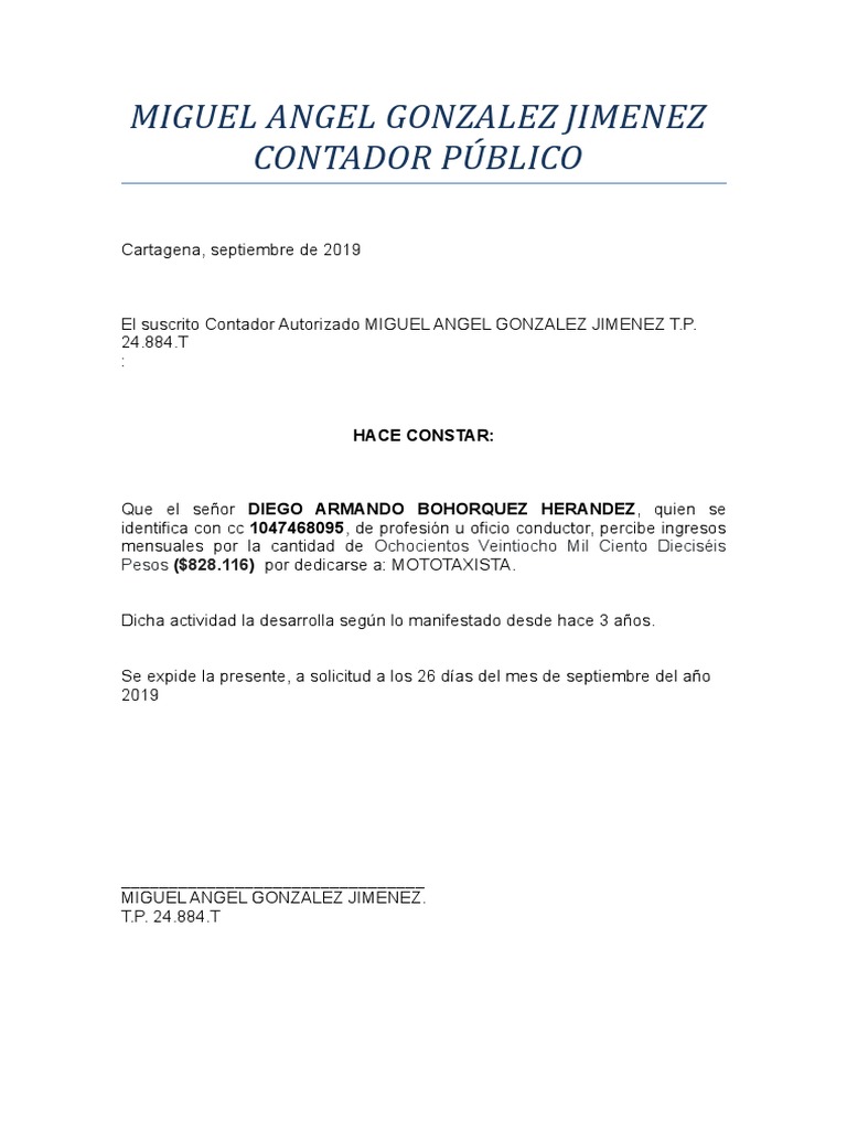 Modelo para Constancia de Ingresos PERITO CONTADOR | PDF