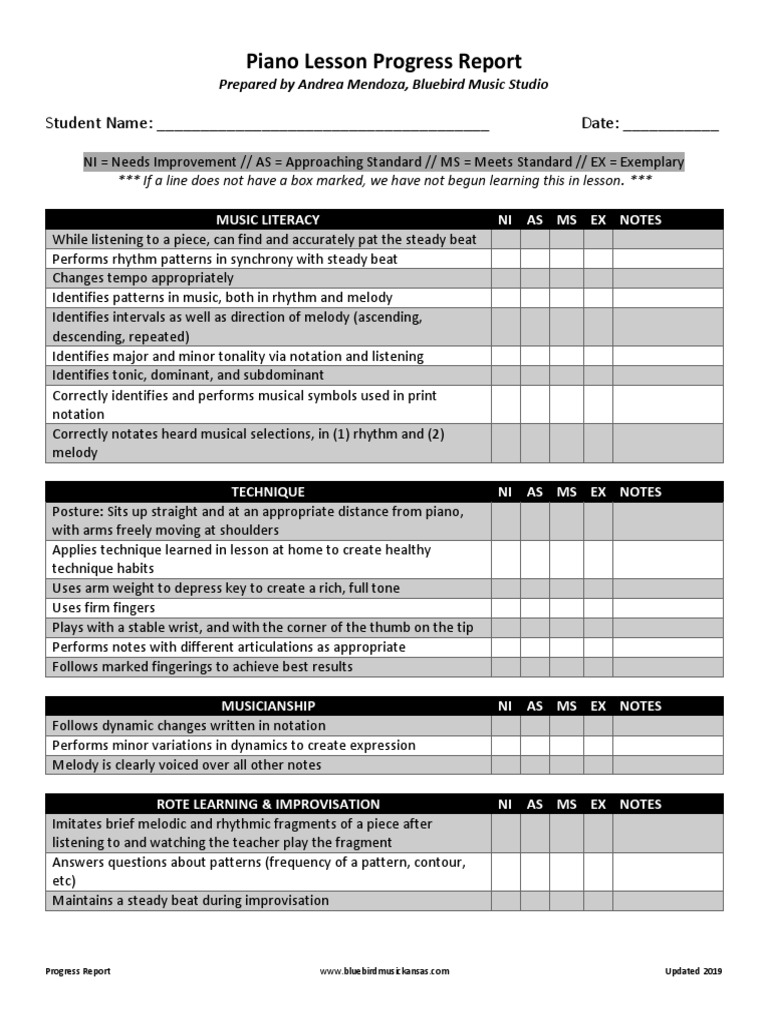 2.0 Piano Lesson Progress Report TEMPLATE | PDF | Rhythm | Musical Notation
