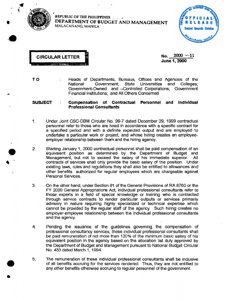 DBM Circular Letter No. 2000 - 11 | PDF | Employment | Salary