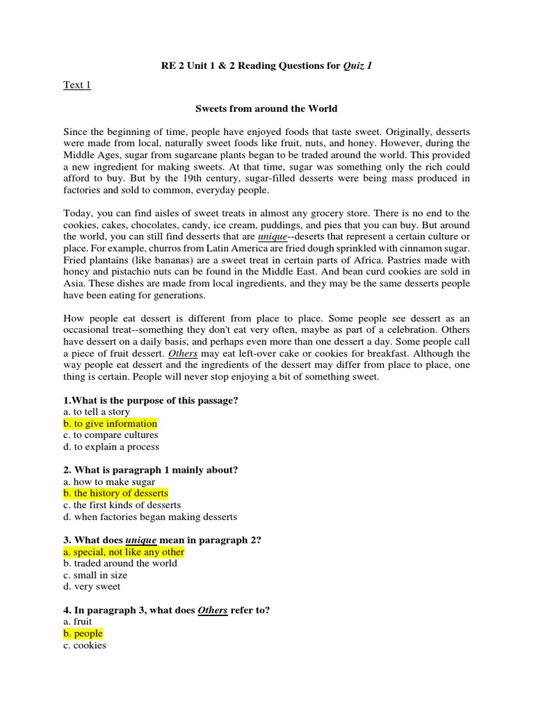 RE 2 Unit 1 & 2 Reading Questions For Quiz 1 | PDF | Cetacea | Desserts