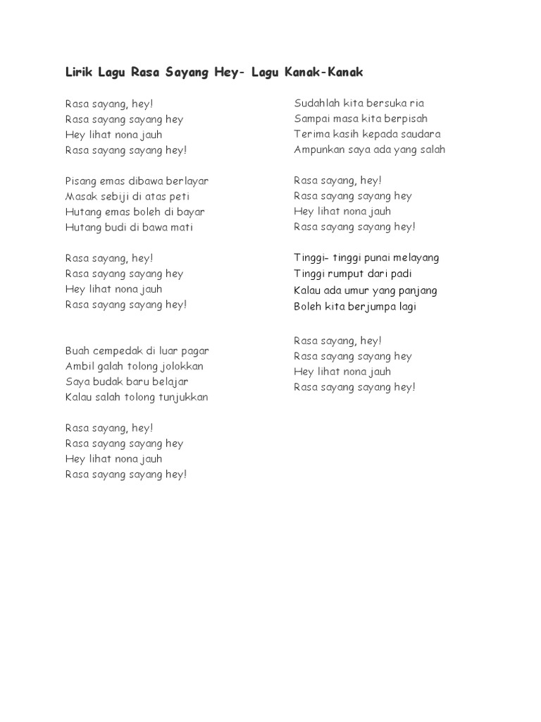 Lirik Lagu Rasa Sayang Hey untuk Anak | PDF